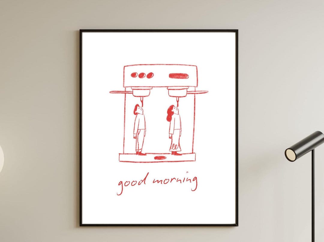 Good Morning Coffee Machine Art Print – Minimalist Red Line Drawing for ...