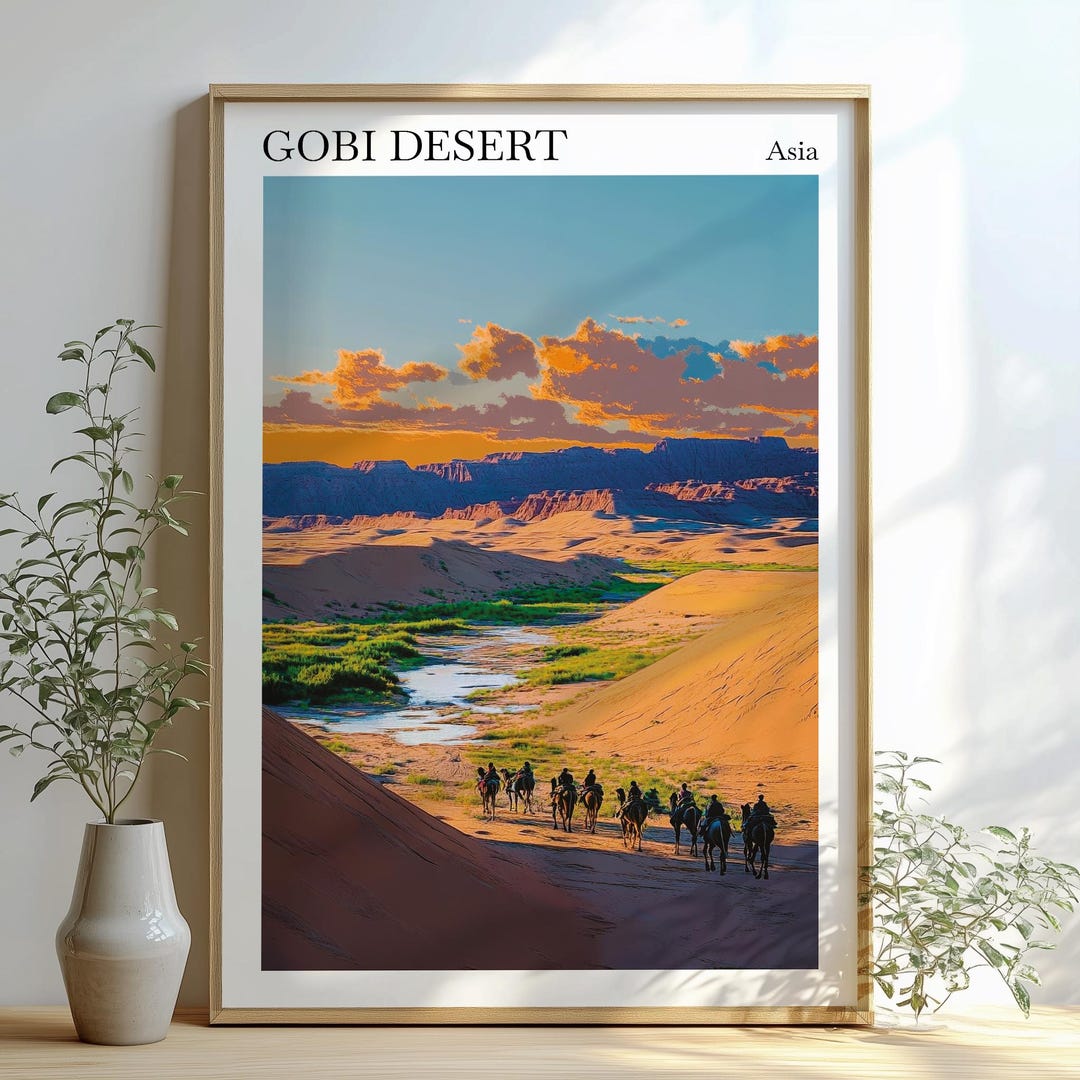 Gobi Desert Poster, Travel Poster Asia, Sand Dunes Art, Asian Decor ...