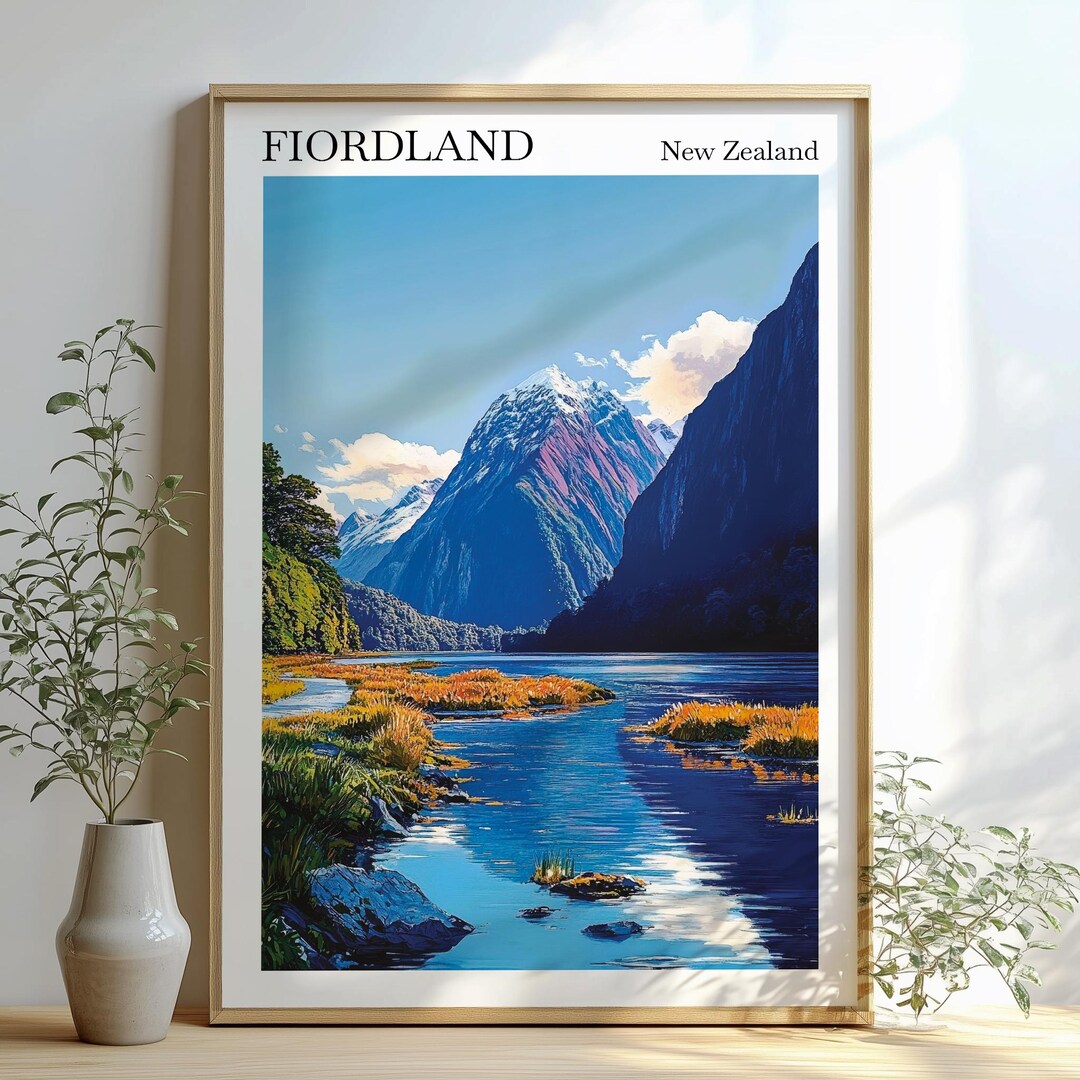 Fiordland Poster, New Zealand Travel Poster, Lake and Mountains Art ...