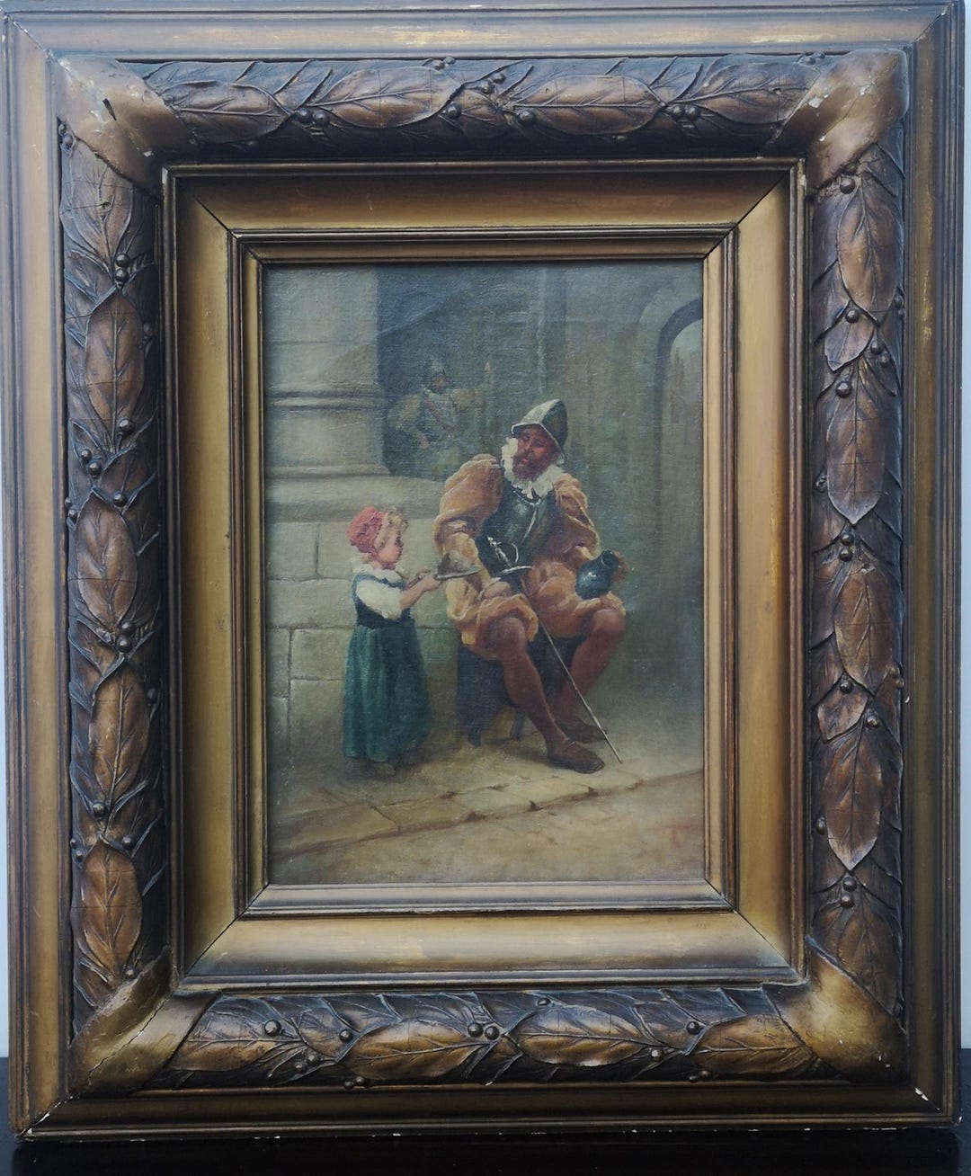 18th/19th C. Oil Painting of A Dutch Musketeer and A Child, in Ornate ...