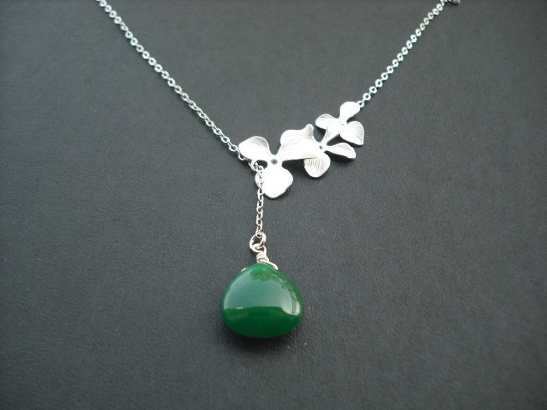 Sterling Silver Chain - Tripple Orchid Flowers Lariat With Emerald ...