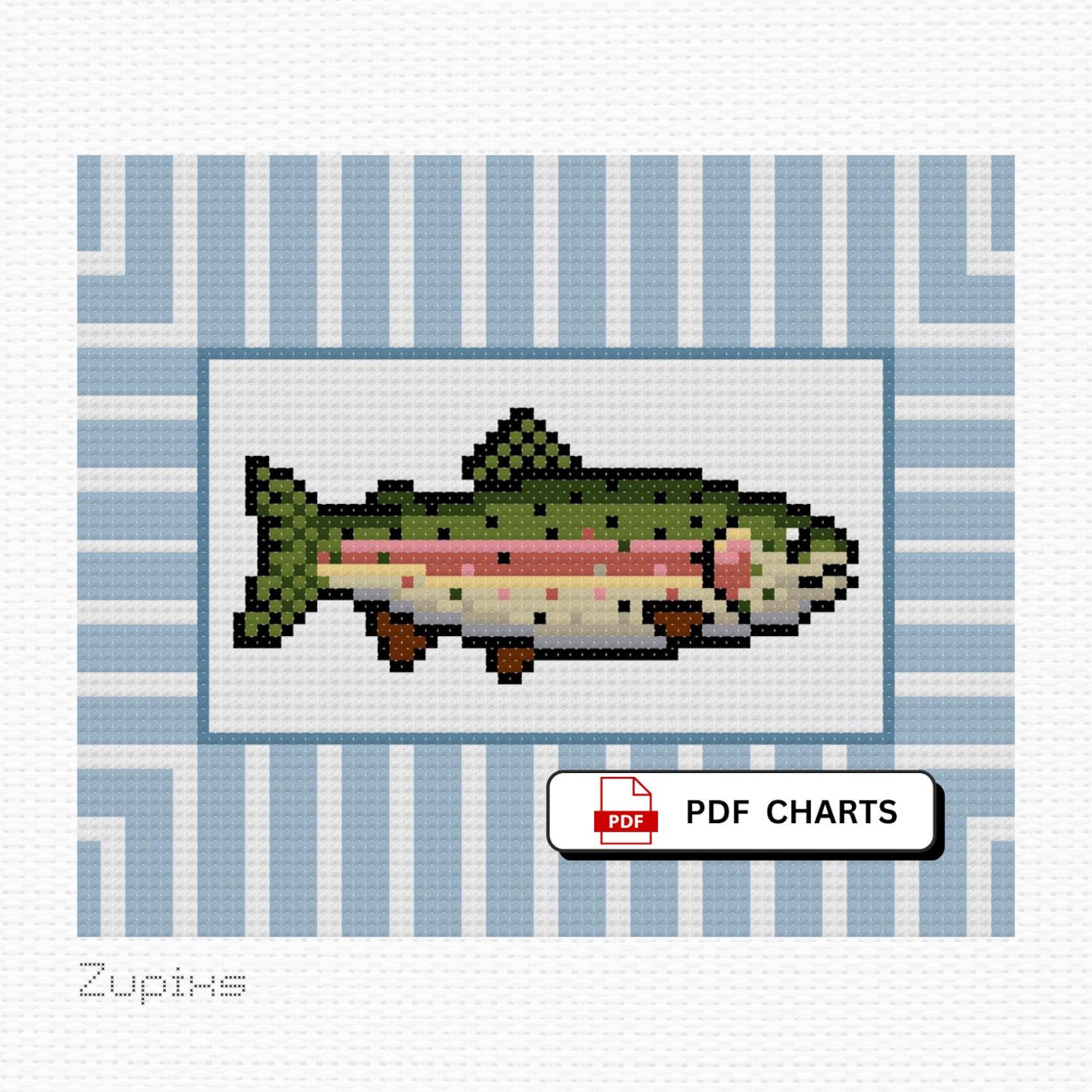 Rainbow Trout Needlepoint Chart – 6x5" on 13 Mesh With Striped ...