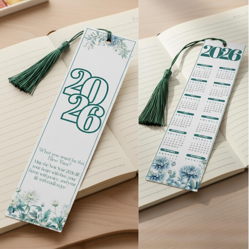 2026 Bookmark Calendar Blue Chrysanthemum Printable, Floral Bookmark ...
