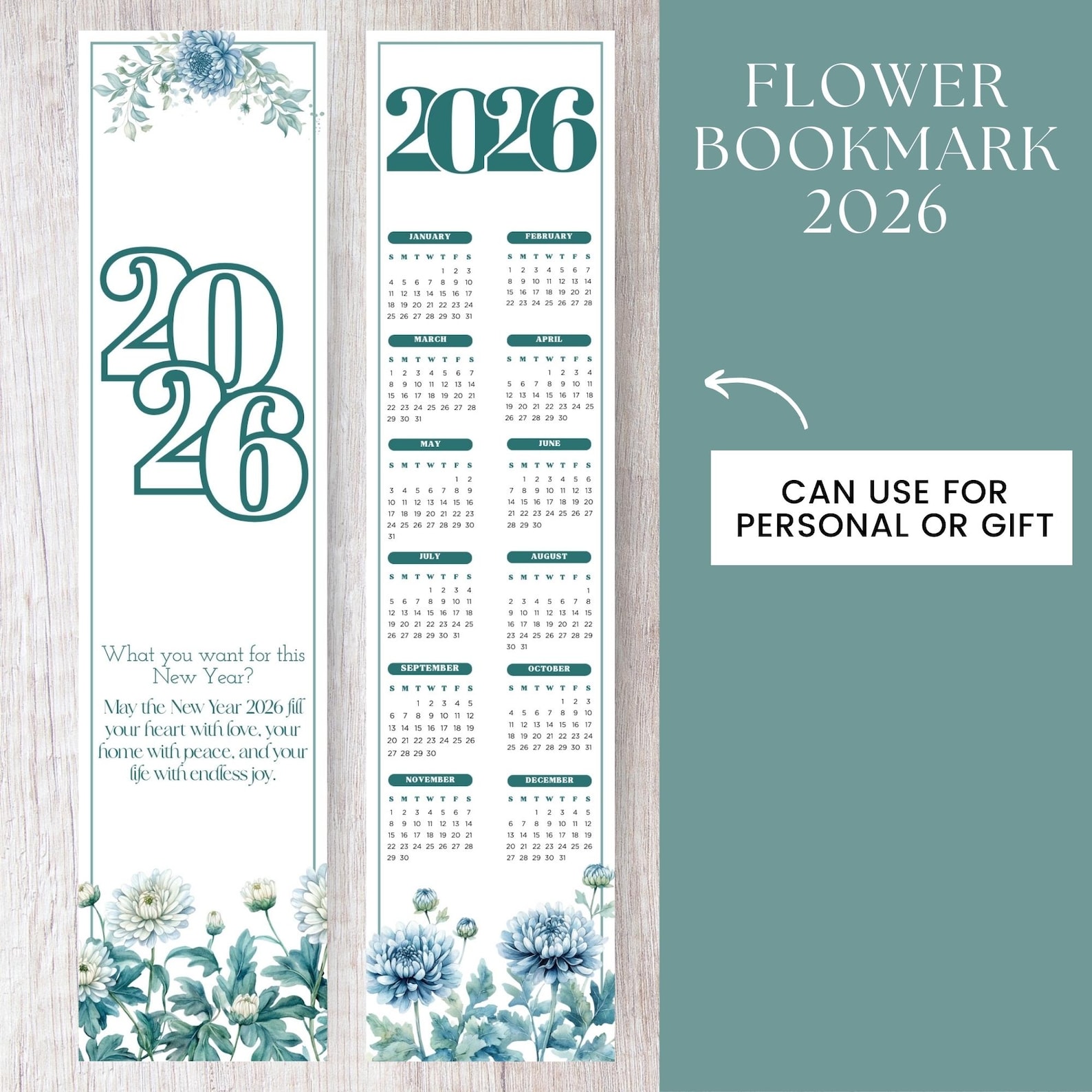 2026 Bookmark Calendar Blue Chrysanthemum Printable, Floral Bookmark ...