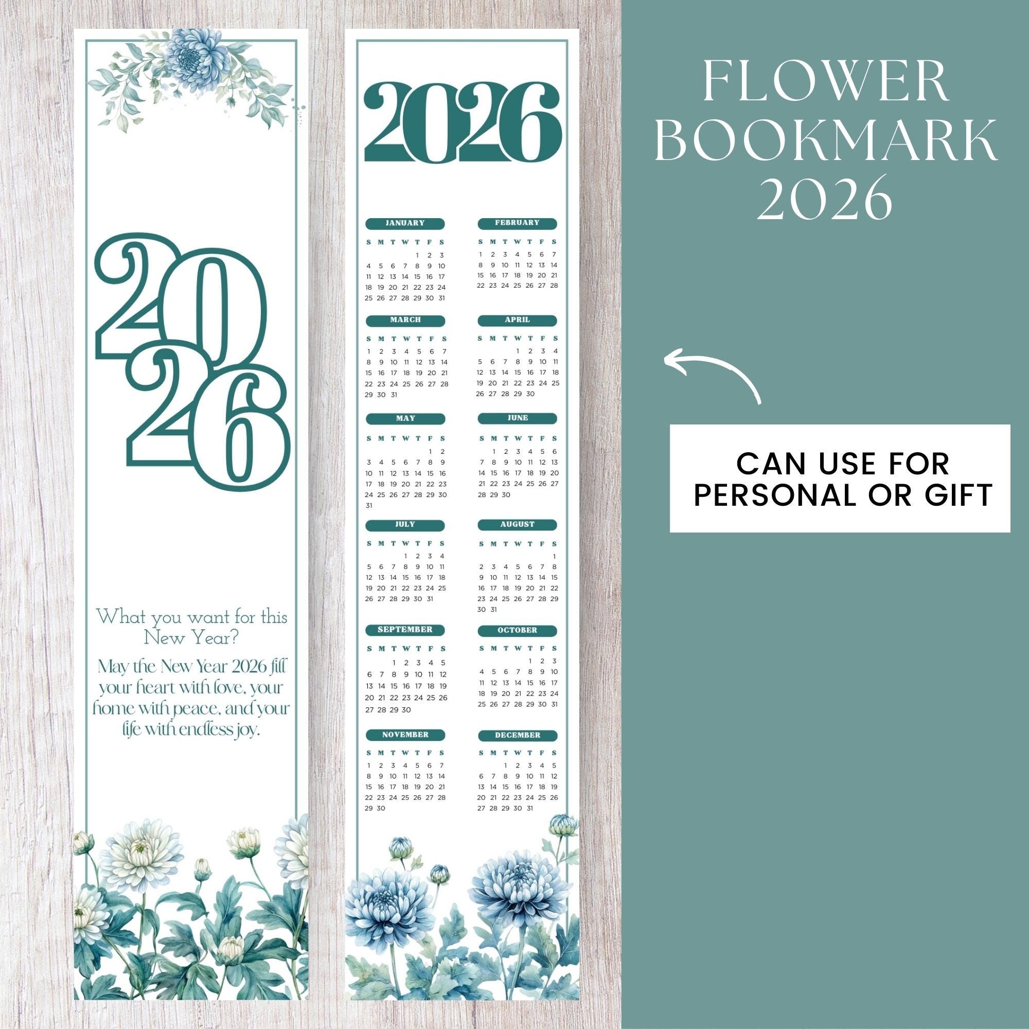 2026 Bookmark Calendar Blue Chrysanthemum Printable, Floral Bookmark ...