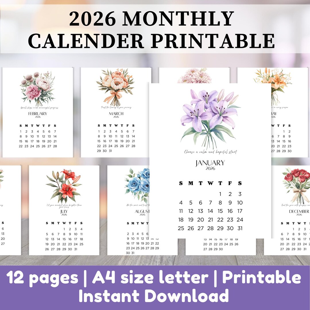 2026 Flower Calendar Printable, Floral Motivational Calendar, Botanical ...