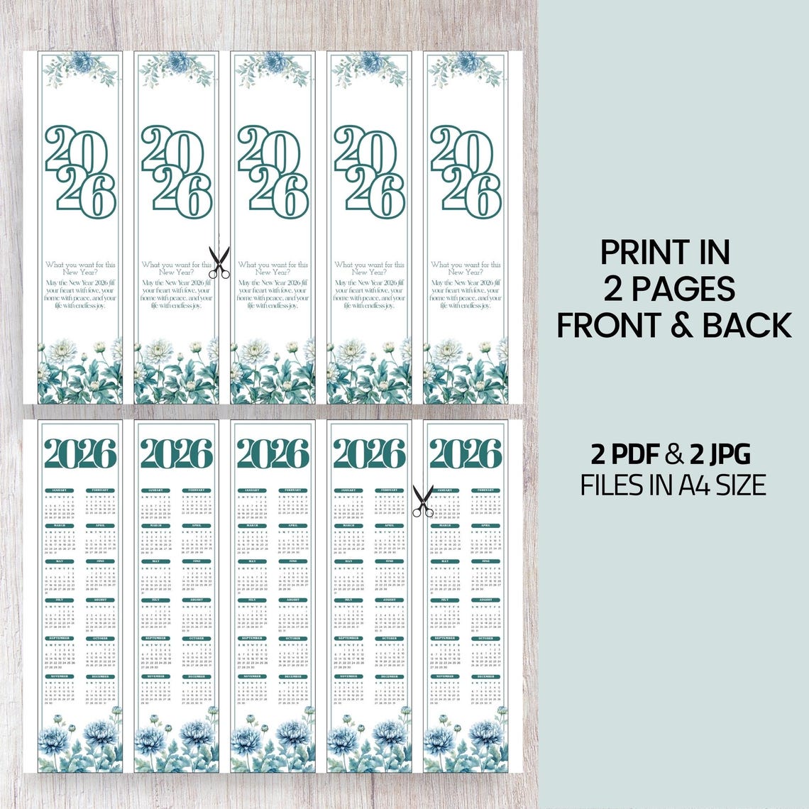 2026 Bookmark Calendar Blue Chrysanthemum Printable, Floral Bookmark ...