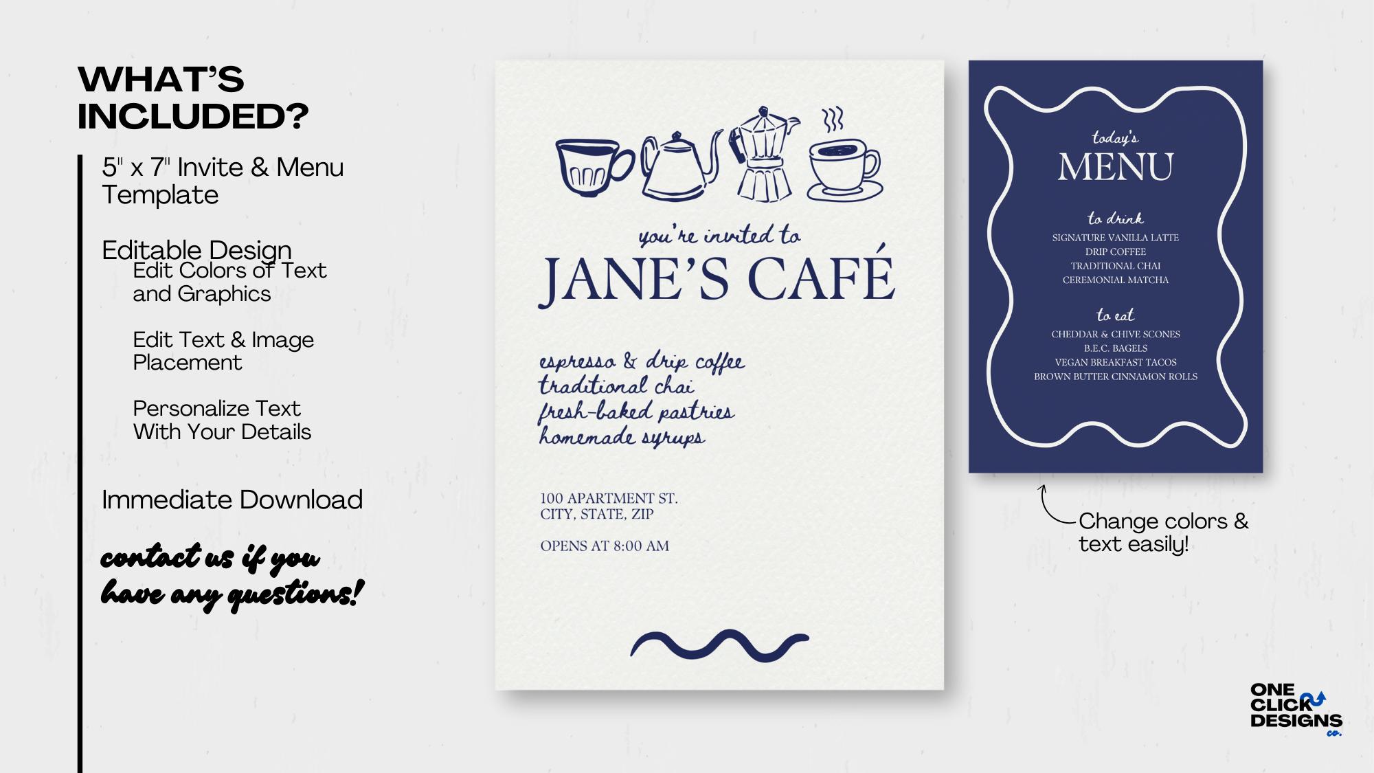 Coffee Shop Invitation & Menu Bundle: Customizable Cafe Invite (canva ...
