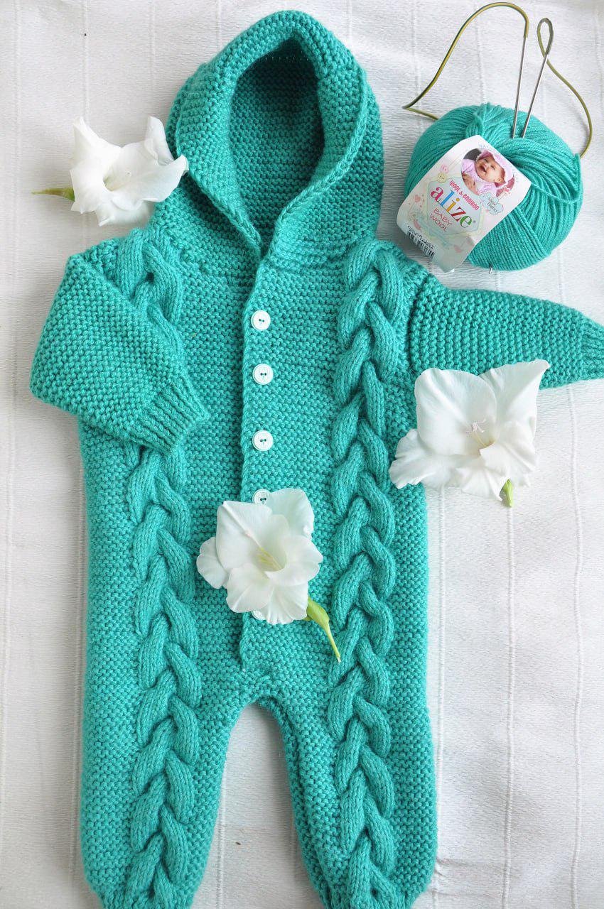 Hand-knitted Baby Romper With Hood: Cable Knit Onesie / Infant Clothing ...