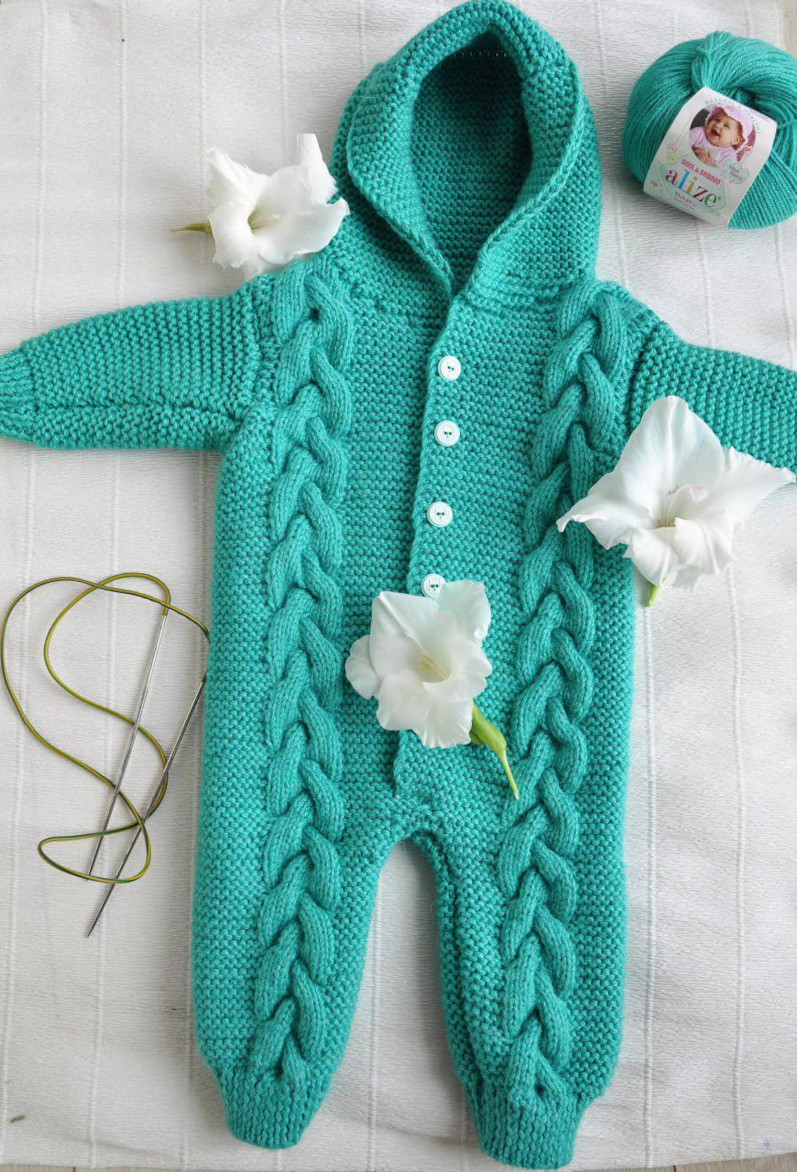Hand-knitted Baby Romper With Hood: Cable Knit Onesie / Infant Clothing ...