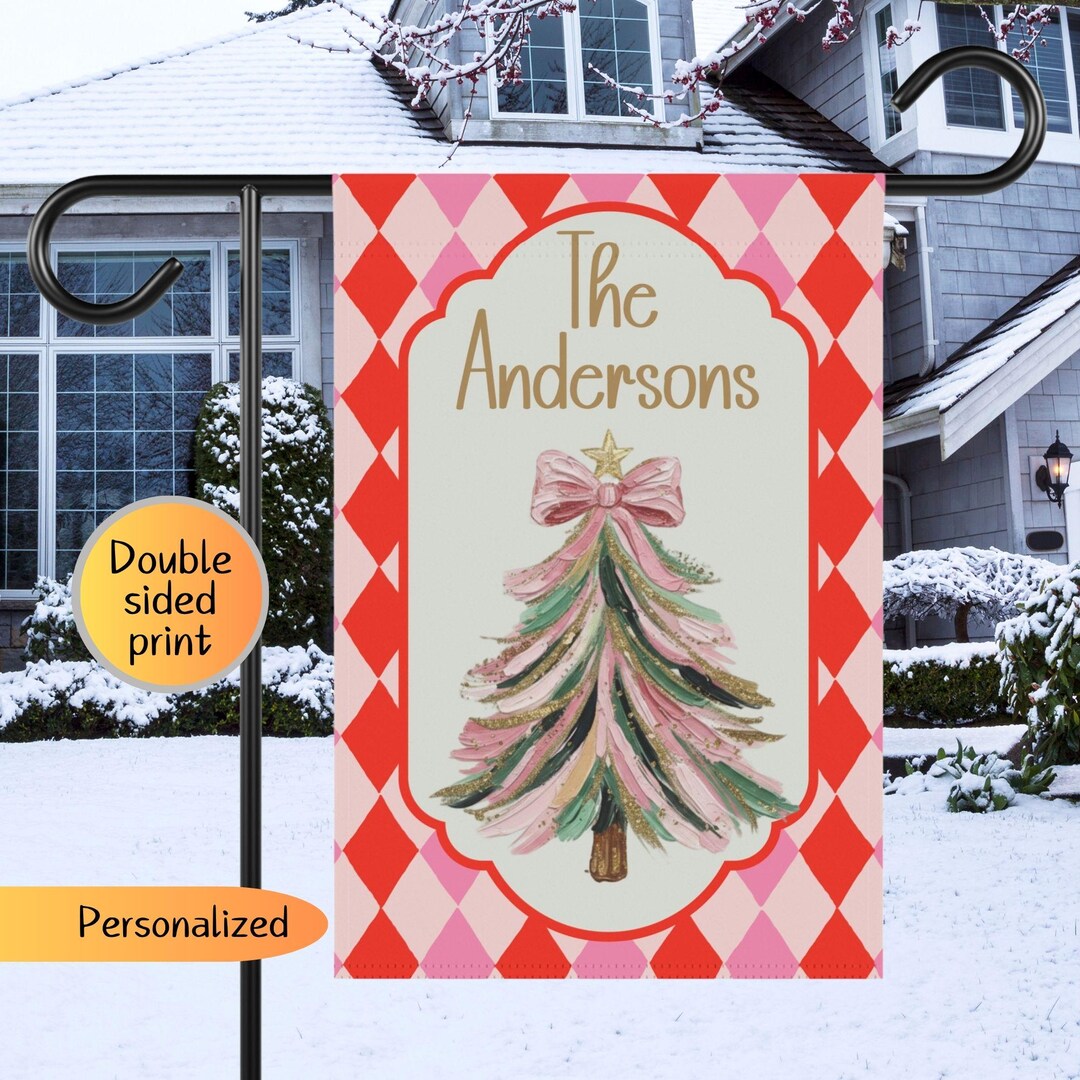 Personalized Christmas Garden Flag With Pink Bow Tree, Custom Family ...