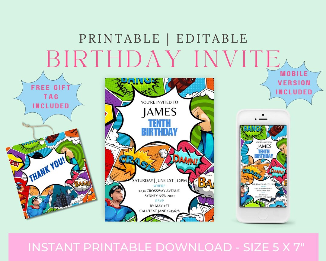 Editable Birthday Invitation | Superhero Comic Book Birthday Invitation ...
