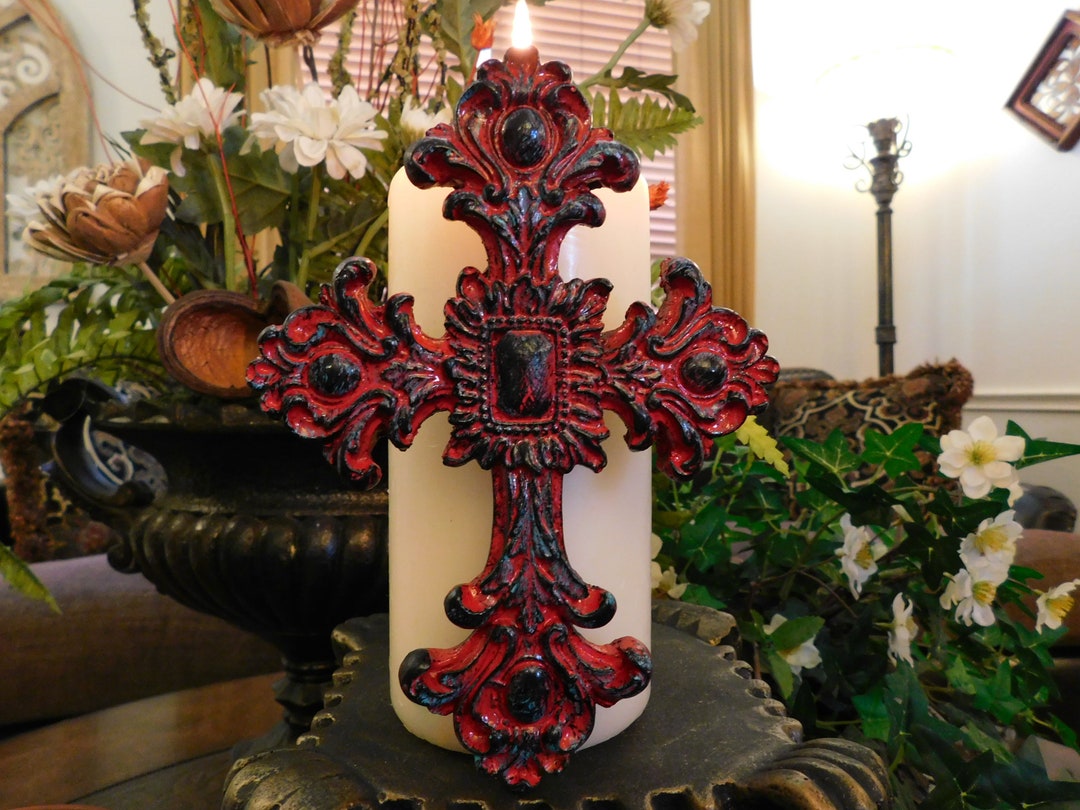 Cross Candle Pin, Pillar Candle Decor, Tuscan Deco, Baptism Wedding ...