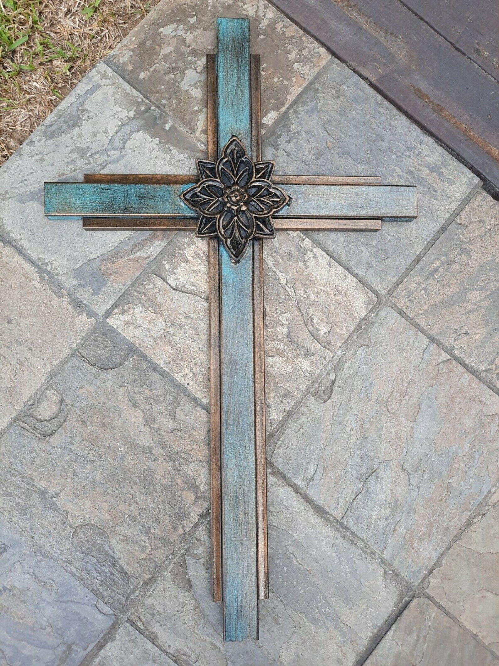 Large Turquoise Iron Wall Cross. Handmade and Hand Painted. 36 - Etsy