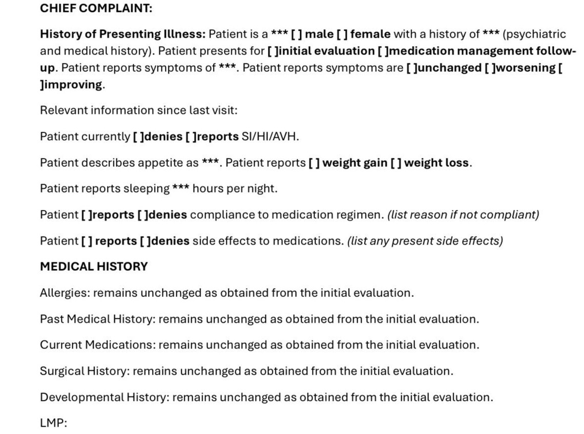 Mental Health Follow-up Template, PMHNP, Psychiatry - Etsy