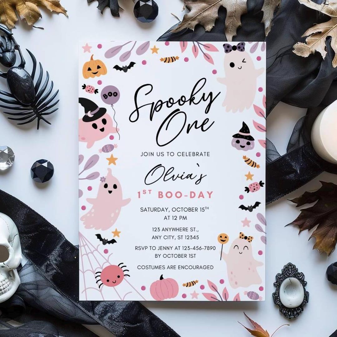 Editable Spooky One Halloween Party Invite, 1st Birthday Girl Boo Bash ...