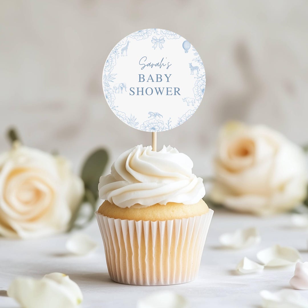Dusty Blue Toile Safari Baby Shower Cupcake Toppers, Elegant Floral ...