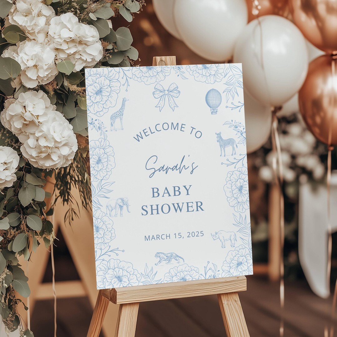 Dusty Blue Toile Baby Shower Welcome Sign, Blue Theme Safari ...