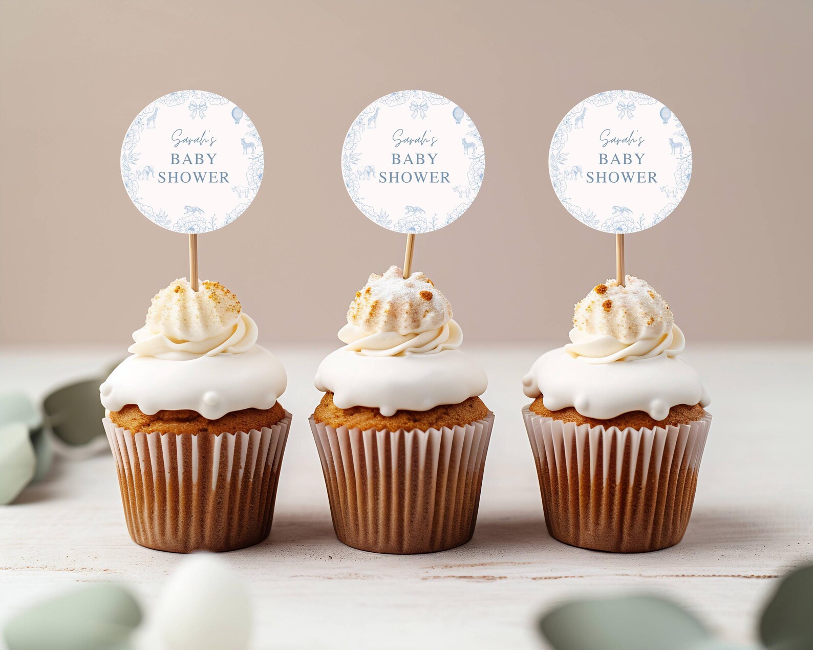 Dusty Blue Toile Safari Baby Shower Cupcake Toppers, Elegant Floral ...