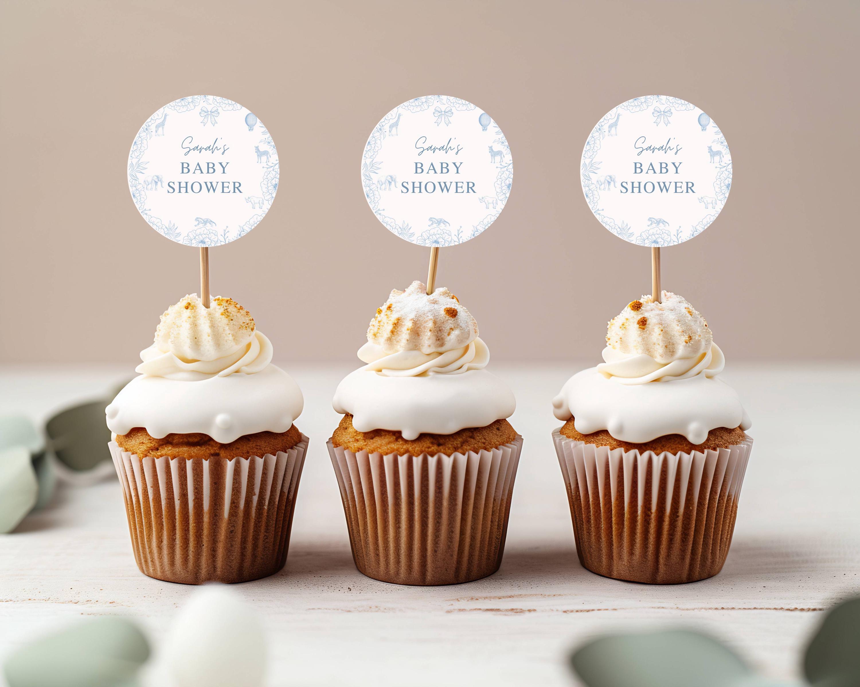 Dusty Blue Toile Safari Baby Shower Cupcake Toppers, Elegant Floral ...