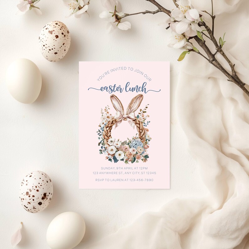 Easter Lunch Invitation Template, Floral Easter Bunny Brunch Invite ...