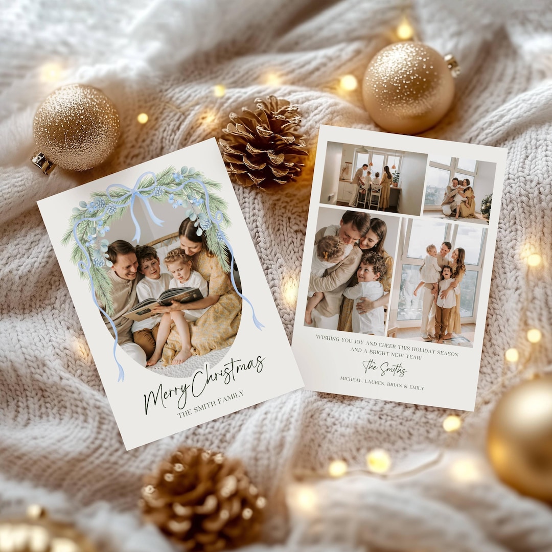 Photo Christmas Card Template, Boho Holiday Carding Printable, Editable ...