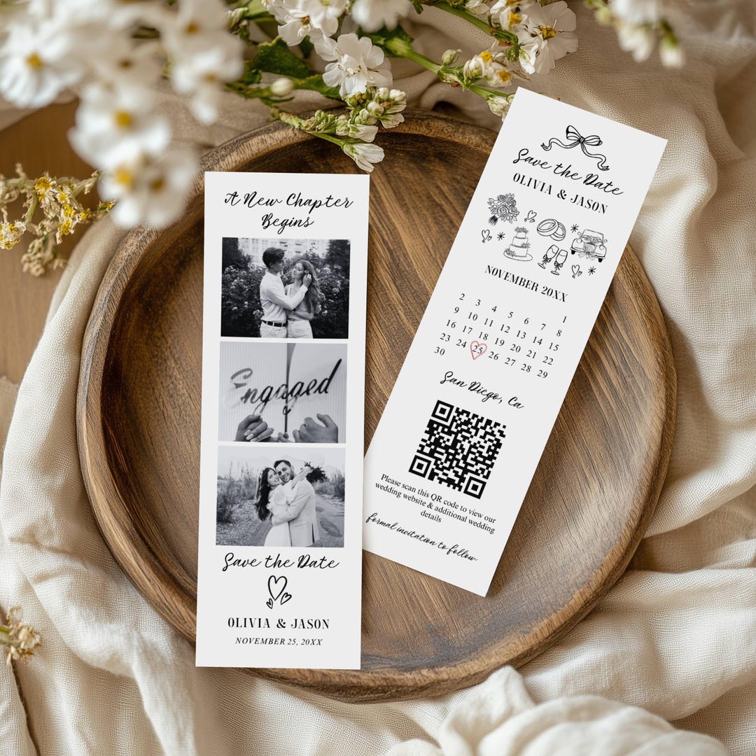 Personalized Bookmark Save the Dates, Photo Booth Save the Date QR Code ...