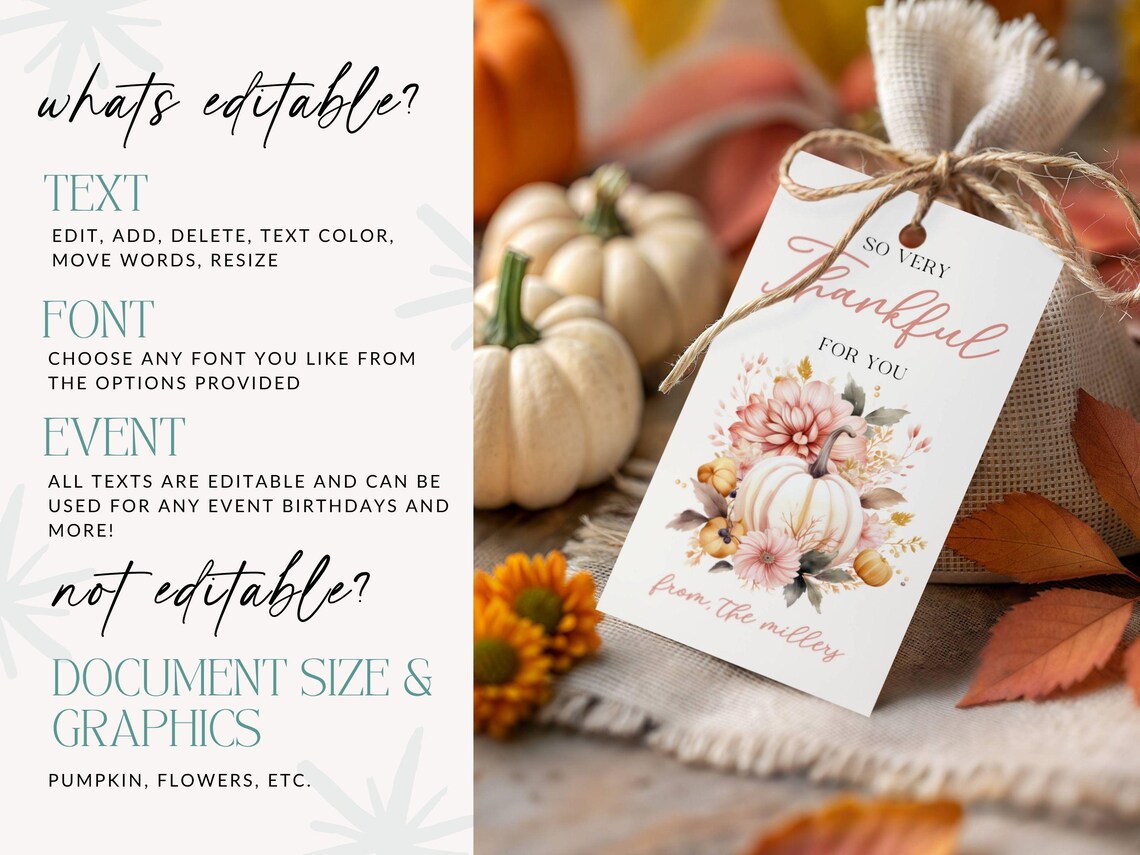 Editable Thanksgiving Favor Tag, Printable Thankful for You Tag, Fall ...
