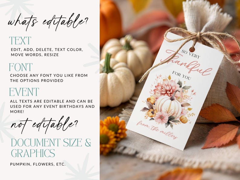 Editable Thanksgiving Favor Tag, Printable Thankful for You Tag, Fall ...