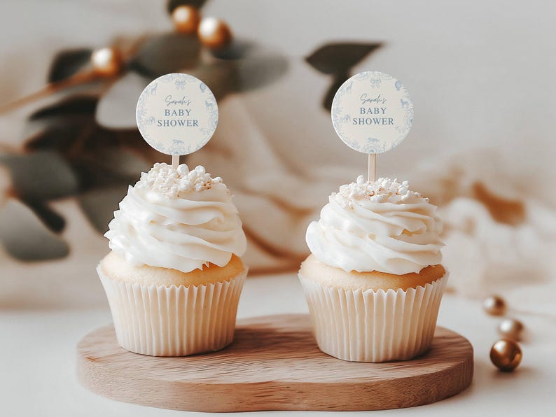 Dusty Blue Toile Safari Baby Shower Cupcake Toppers, Elegant Floral ...