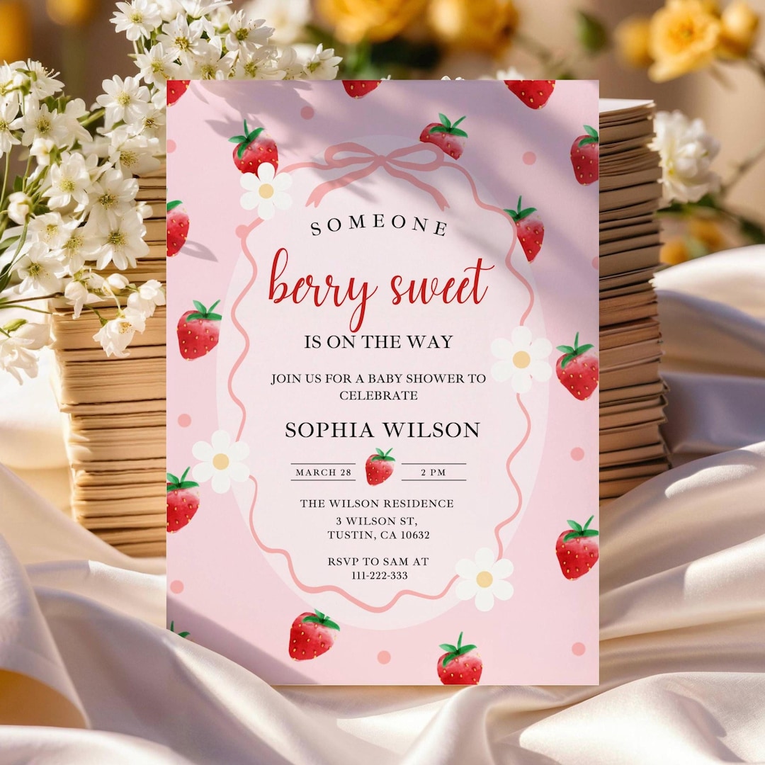 Berry Sweet Girl Baby Shower Invitation, Baby on the Way Strawberry ...