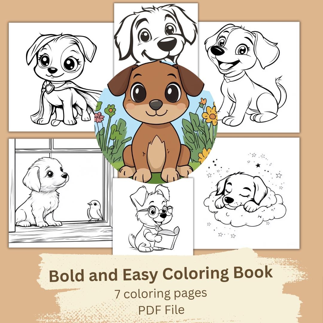 Cute Puppies Coloring Book for Kids : 7 Adorable Illustrations of Dog ...