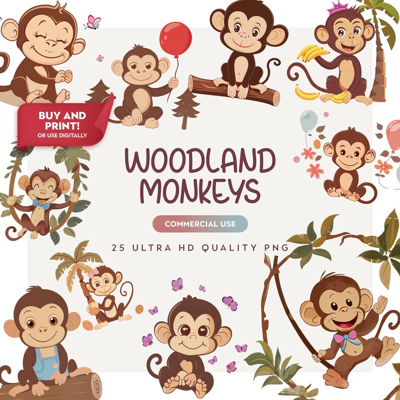 Woodland Monkey Clipart Pack - Cute Baby Monkey PNG - Safari Jungle ...