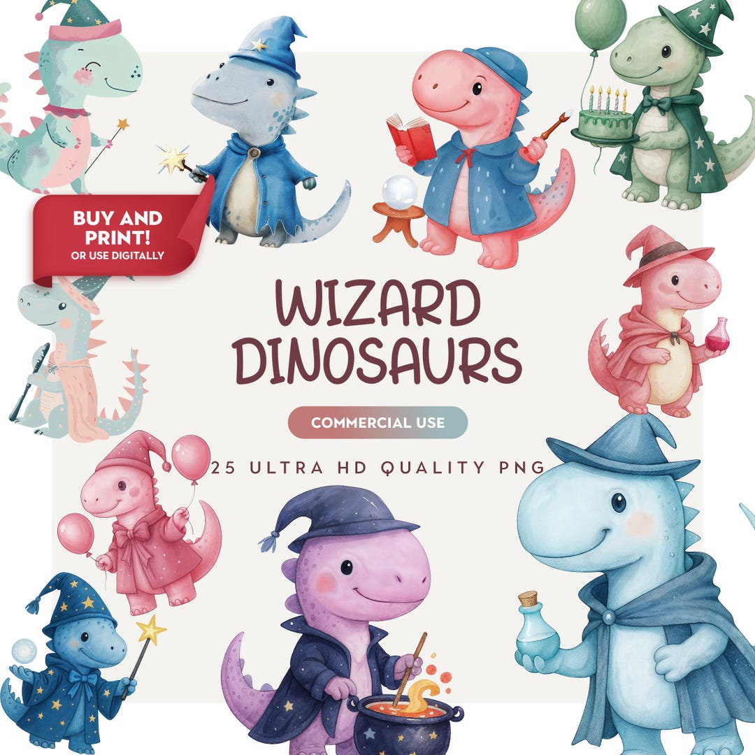 Watercolor Wizard Dinosaur Cliparts: Birthday and Nursery Decor ...