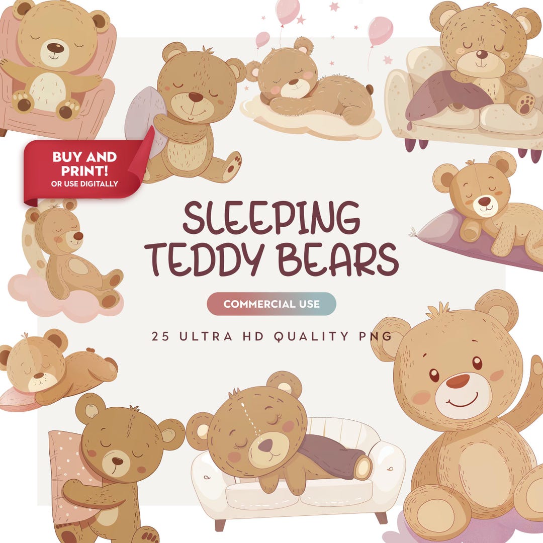 Watercolor Teddy Bear Clipart, Sleeping Bears, Baby Shower Clipart ...