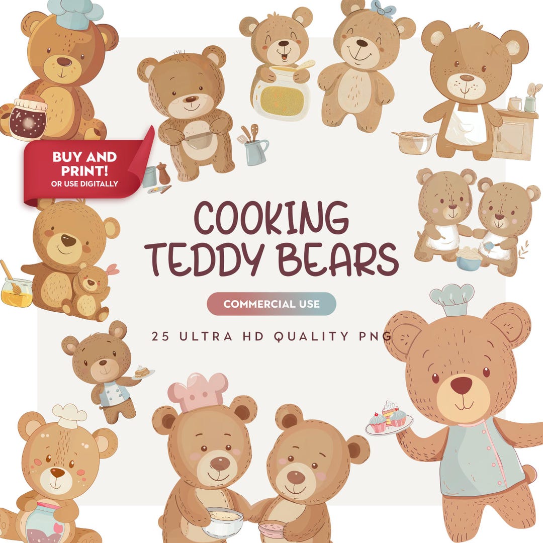Cooking Teddy Bear Clipart: Chef and Kitchen Nursery Art, Sublimation ...