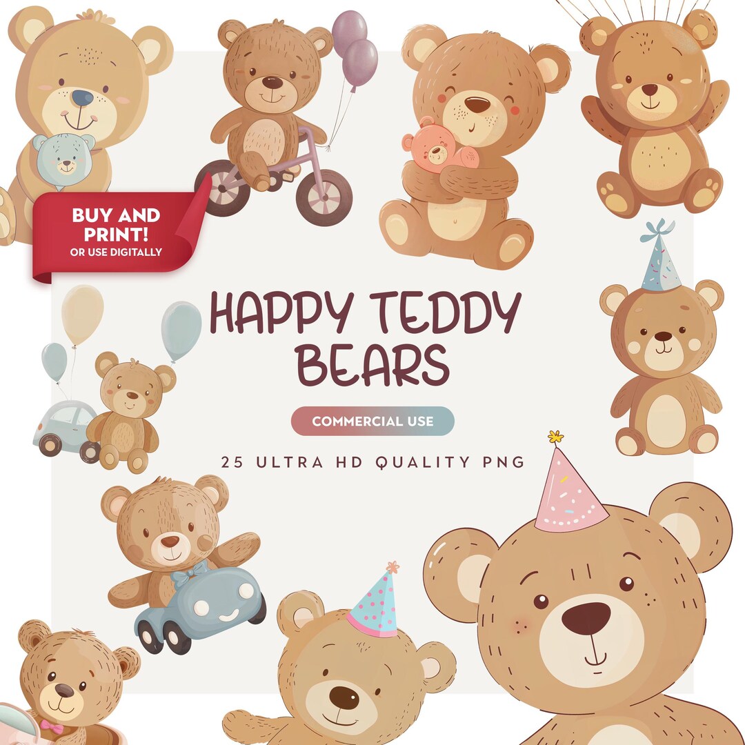 Happy Teddy Bear Clipart With Balloons, Bikes & Nursery Party Elements ...