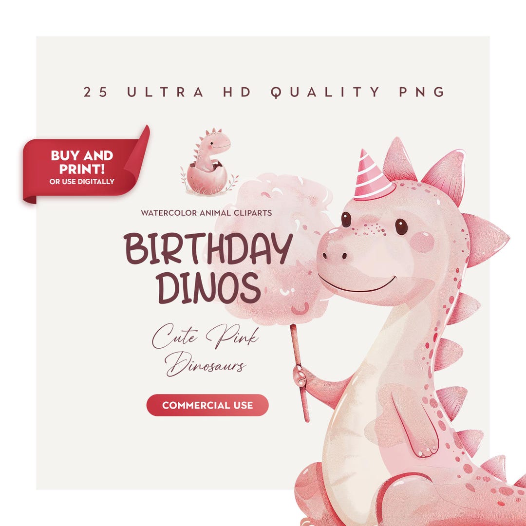 Watercolor Pink Dinosaur Clipart for Girl Birthday Party Crafts, Cute ...