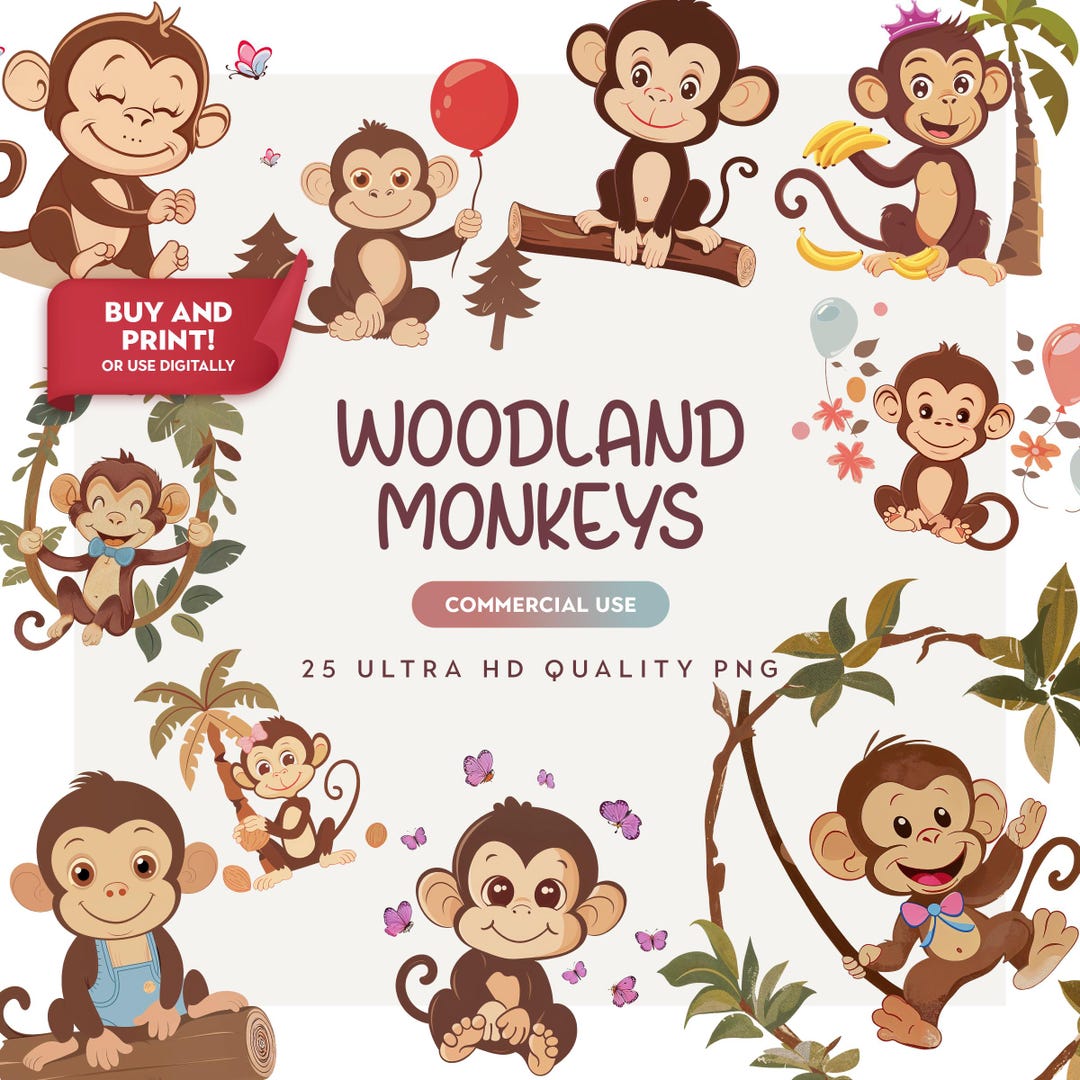 Woodland Monkey Clipart Pack - Cute Baby Monkey PNG - Safari Jungle ...