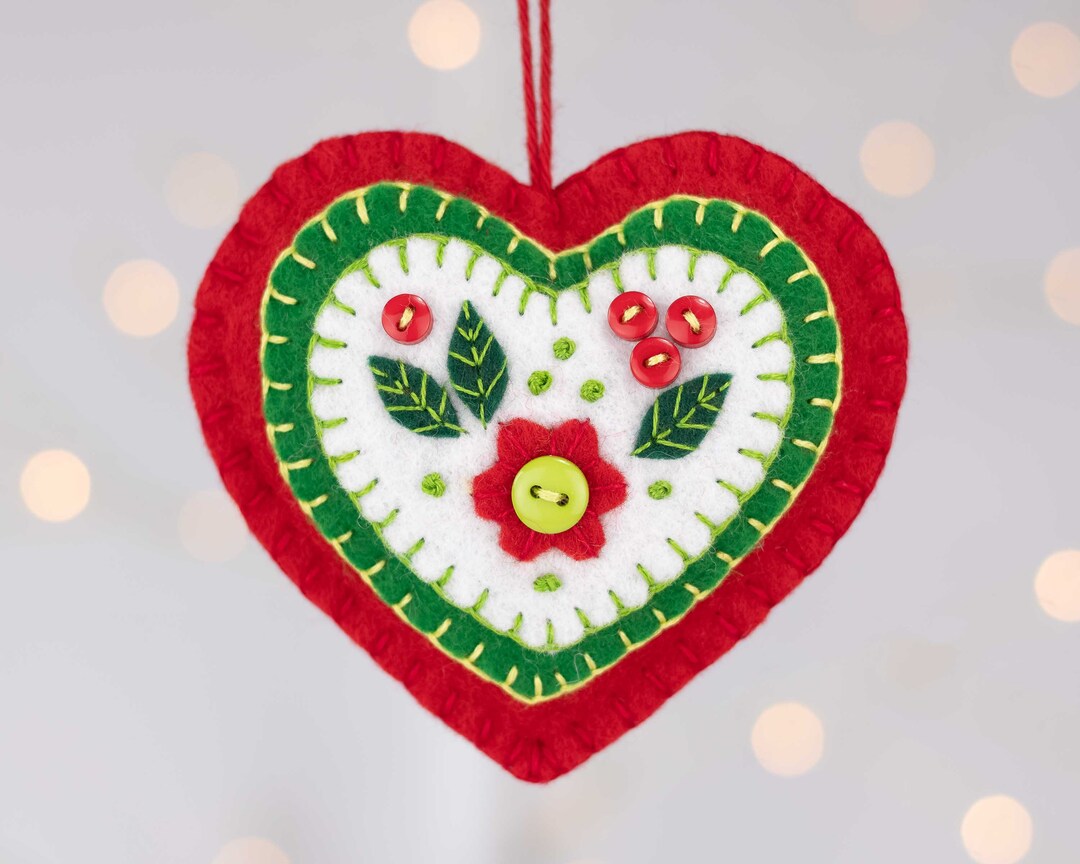 Red and Green Felt Heart Christmas Ornament, Handmade Heart Holiday ...