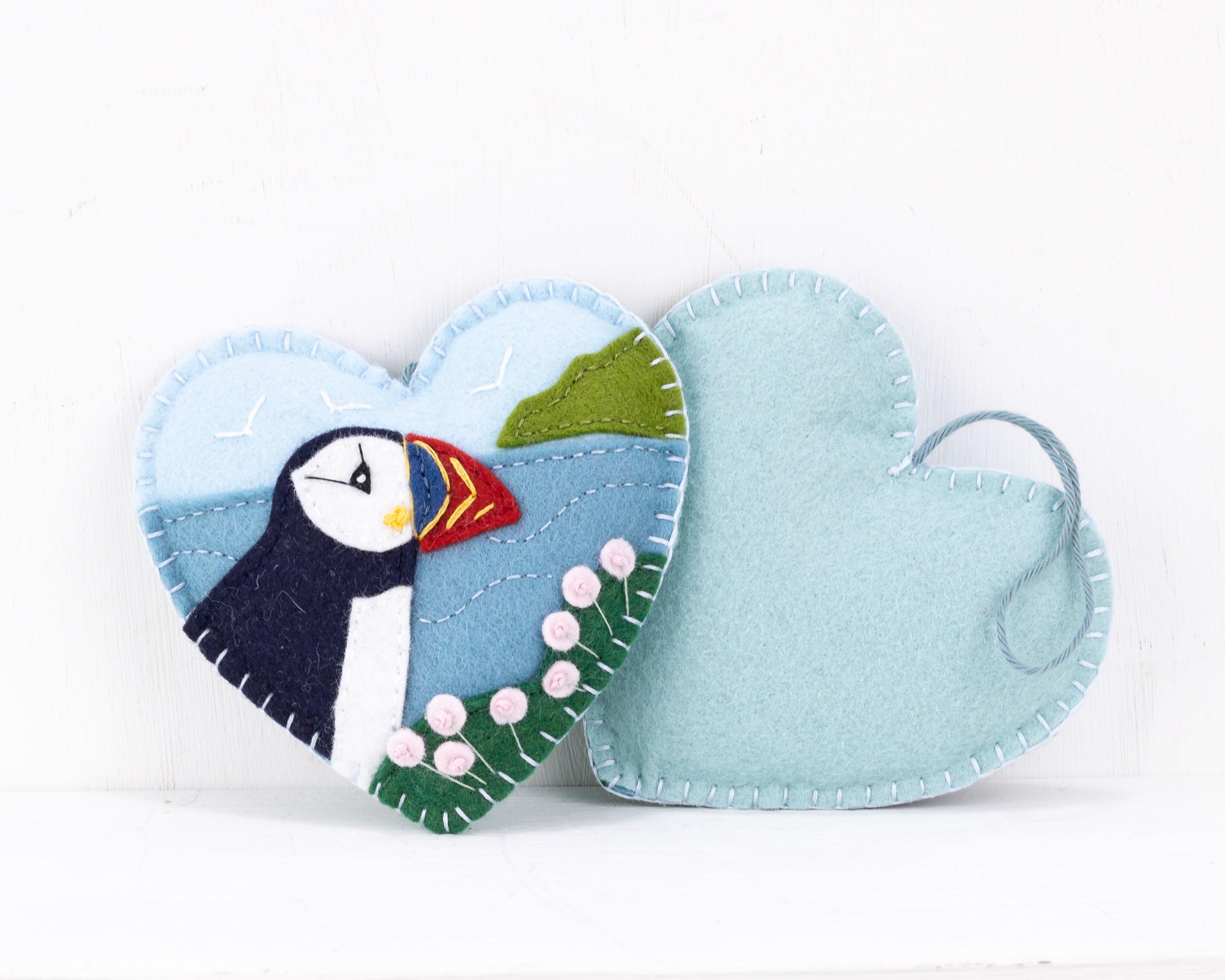 Puffin Felt Heart Ornament, Embroidered Puffin Textile Art, Coastal ...