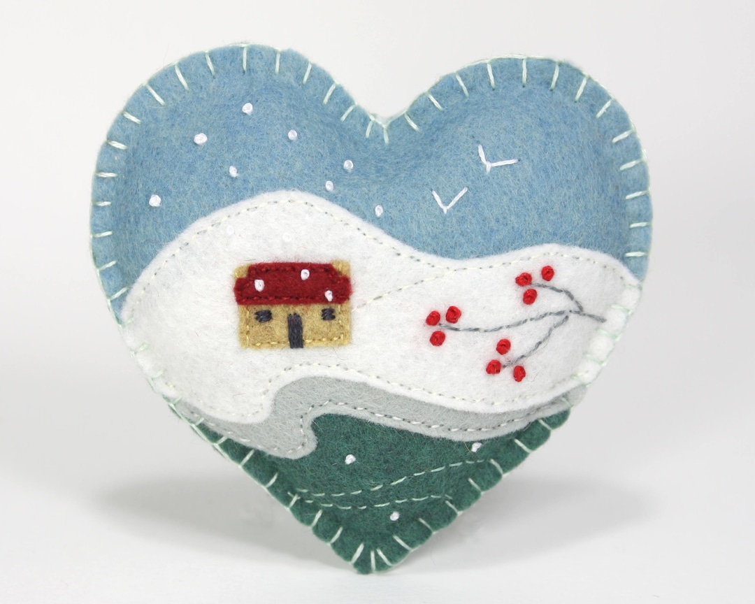 Snow Scene Felt Christmas Ornament, Winter Landscape Felt Heart Holiday ...