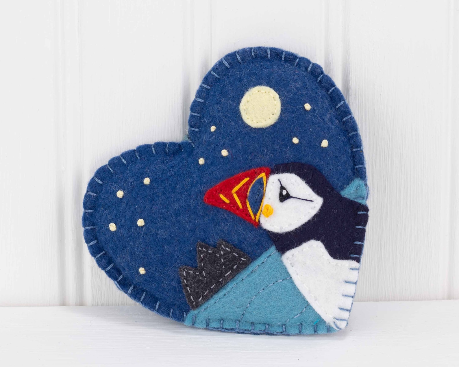 Felt Puffin Ornament, Embroidered Hanging Heart Ornament With Puffin ...