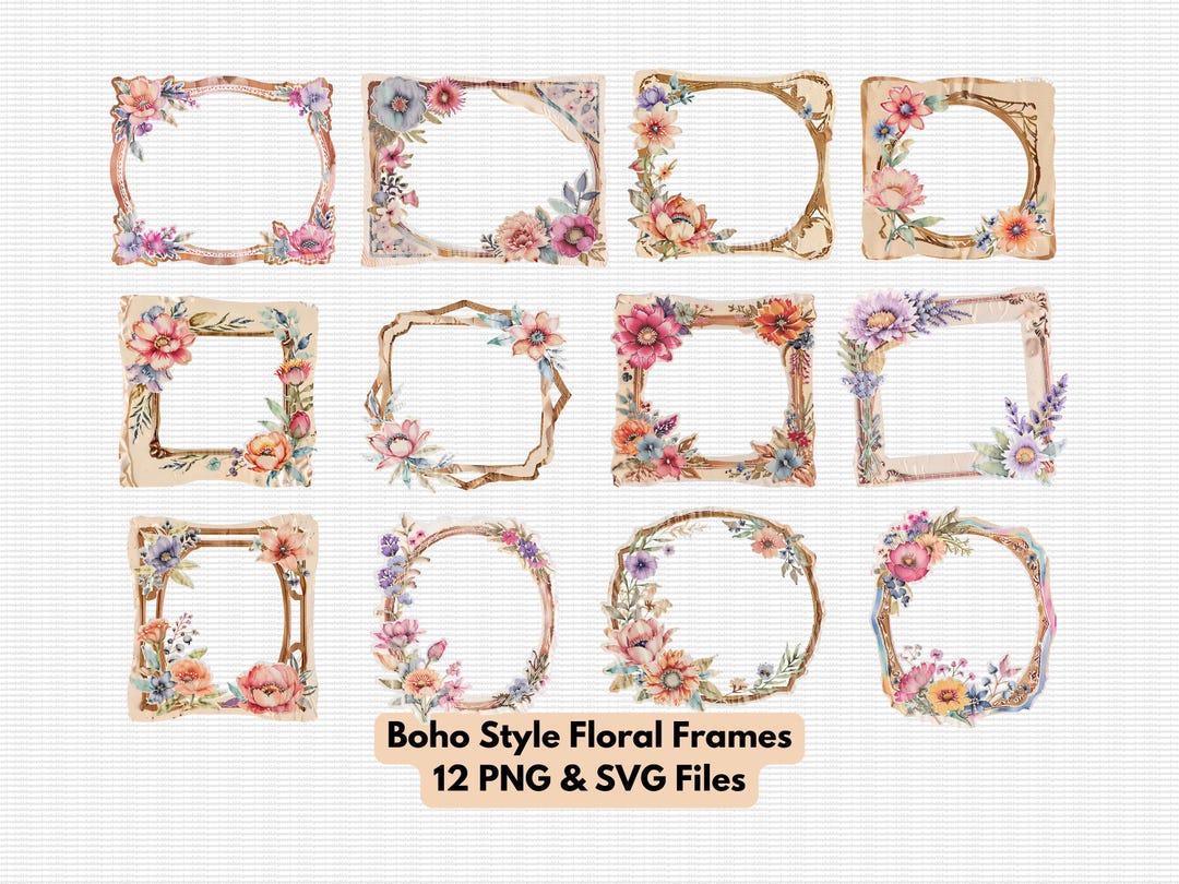 Boho Style Floral Frames Clip Art, SVG, PNG, Commercial Use, Floral ...