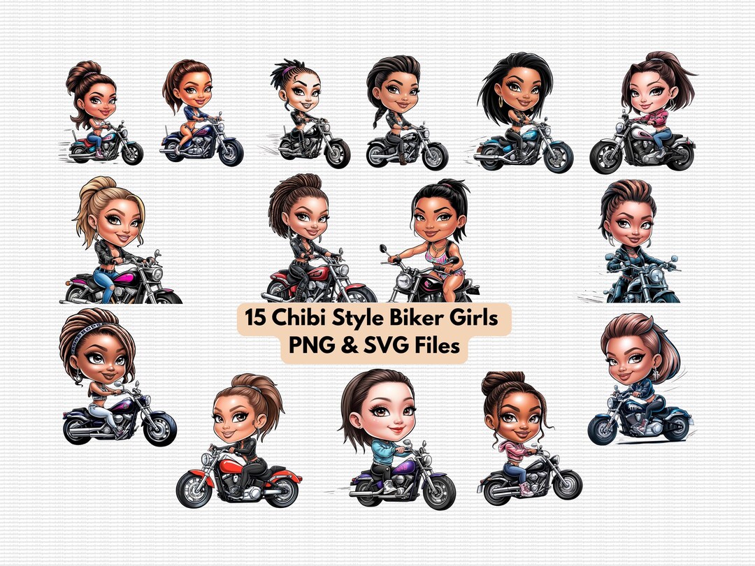 Chibi Biker Girls Clip Art Bundle, PNG, SVG, Commercial License ...
