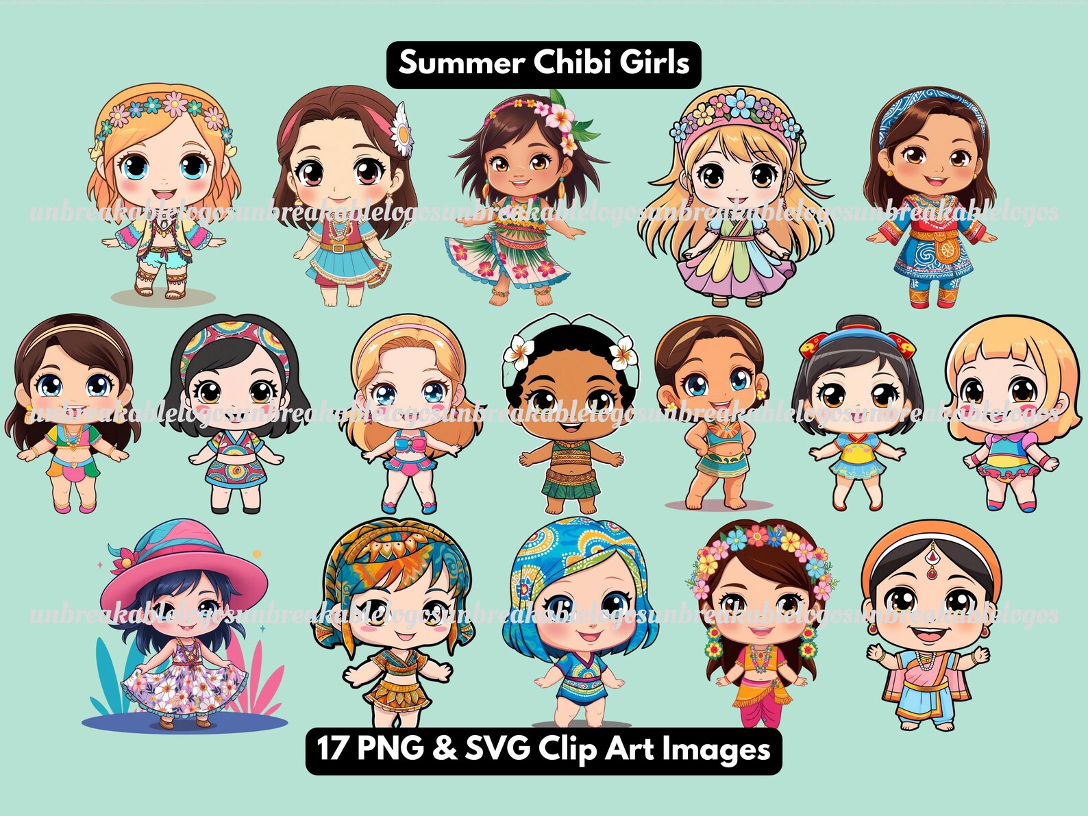 Summer Chibi Style Cute Girls Clip Art Bundle, Commercial or Personal ...