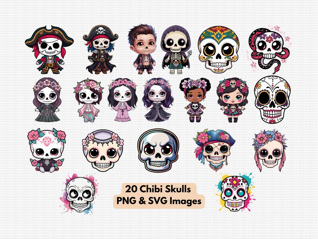 Chibi Skulls Clip Art Bundle, PNG and SVG Image Files, Commercial ...