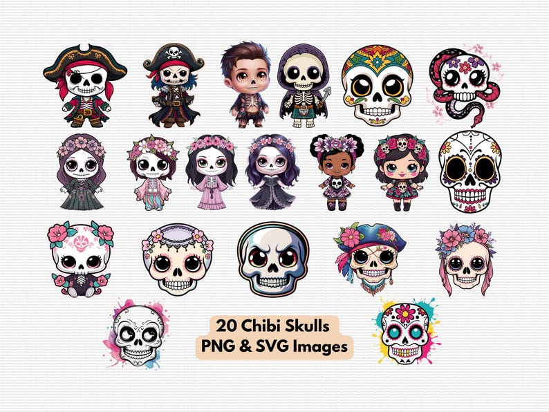 Chibi Skulls Clip Art Bundle, PNG and SVG Image Files, Commercial ...