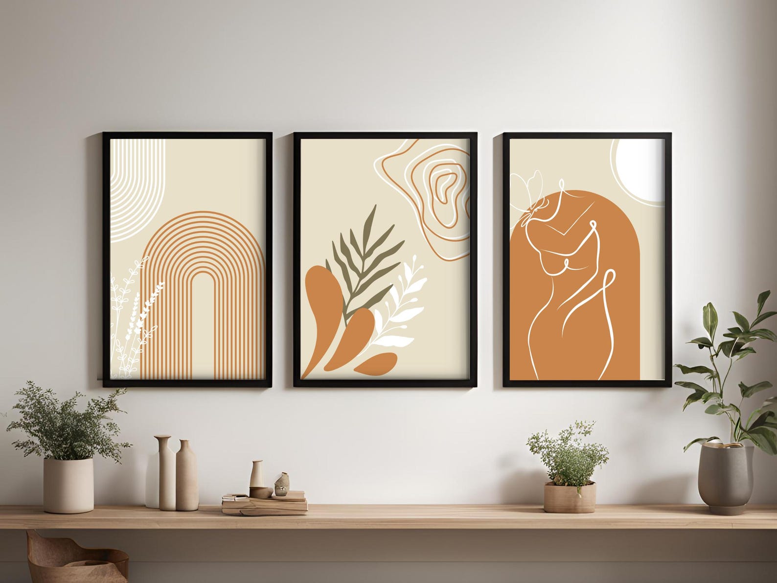 Boho Abstract Line Art Prints, Earthy Tone Botanical Female Figure ...