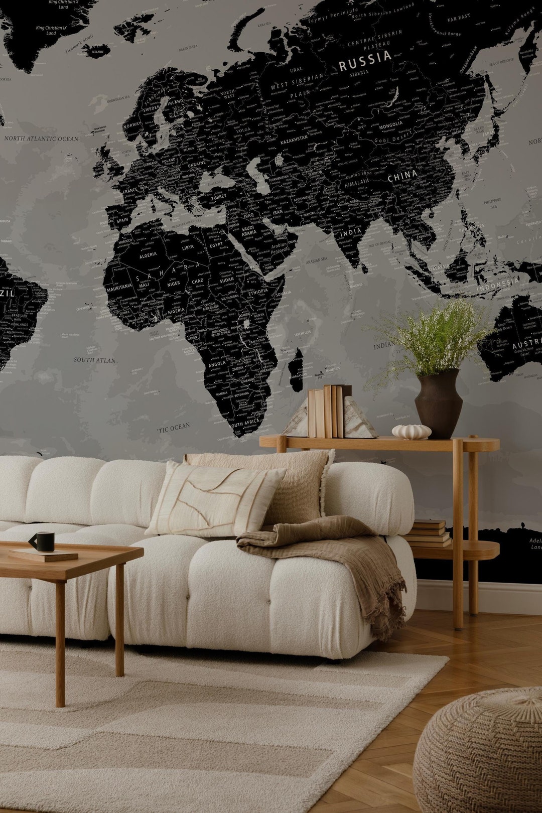 Black & Gray World Map Wallpaper, Peel and Stick Wall Mural, Modern ...